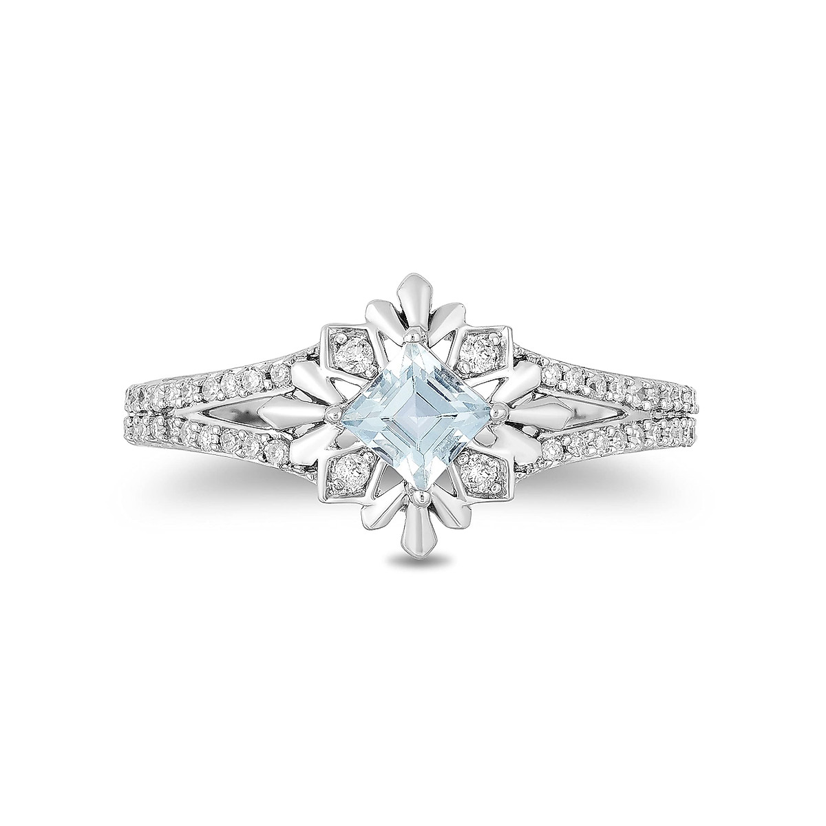 Jewelili Enchanted Disney Fine Jewelry Sterling Silver with 1/5 Cttw Diamond and Aquamarine Elsa Snowflake Ring Size 7