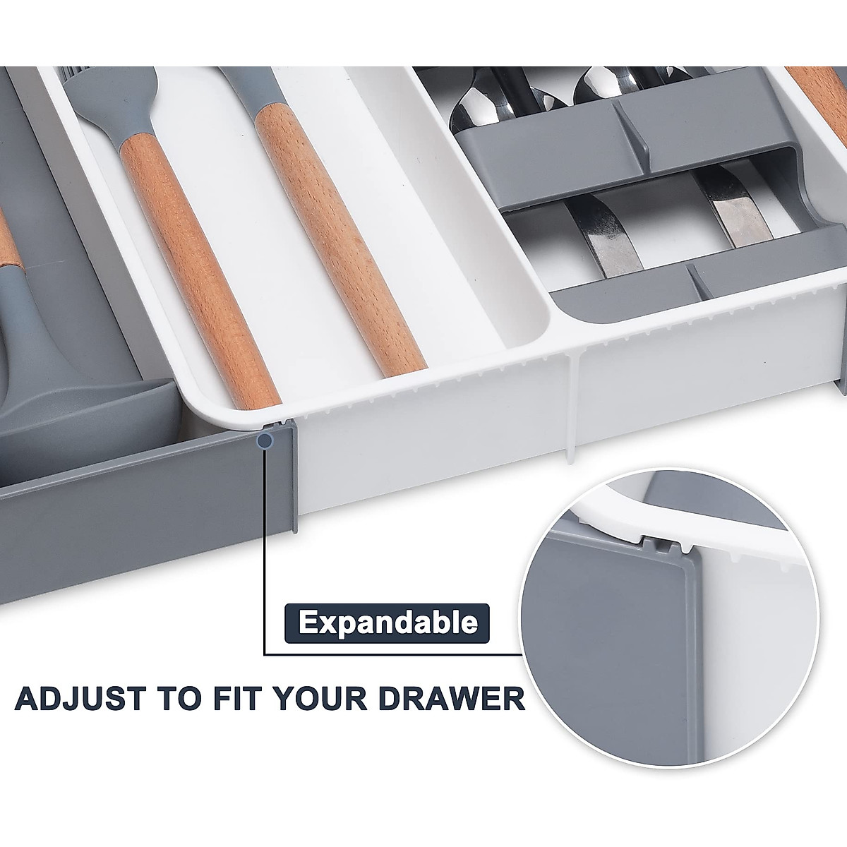 Kitchen Drawer Organizer, Silverware Organizer Utensil Organizer, Large Expandable Cutlery Organizer in Drawer, Adjustable Plastic Flatware Spoon Fork Storage Tray for Kitchen Gadgets Office Supplies