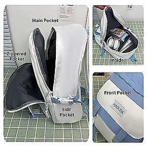 FORJMMP Aesthetic Backpack with Kawaii Accessories, Lightweight Casual Daypack for Women (White+Blue)