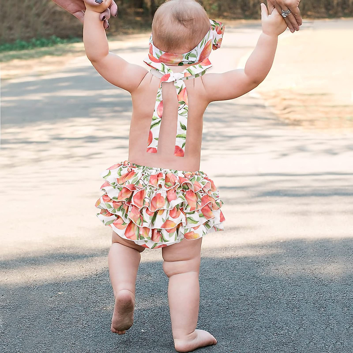 Eunikroko Peach First Birthday Outfit with Headband Baby Girls Sleeveless Ruffle Romper Backless Jumpsuit Summer Outfits Clothes 12-18 Months