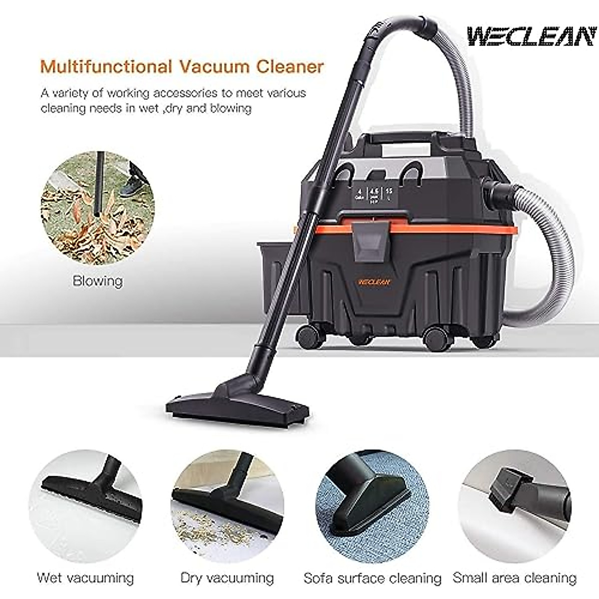 WECLEAN 4 Gallon 5.5 Peak HP Commercial Wet Dry Vacuum Cleaner Shop Vac for Outdoor Patio Wet & Dry Construction Shop Vac with Blower Gift for Father