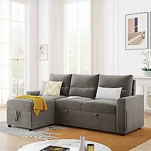 ATY Reversible Sectional Sofa Bed with 2 Pull-Out Sleepers, L-Shape Corner Couch with Storage Chaise, 3 Seat Both Left Right Handed with loveseat, 82.1 Grey Brown