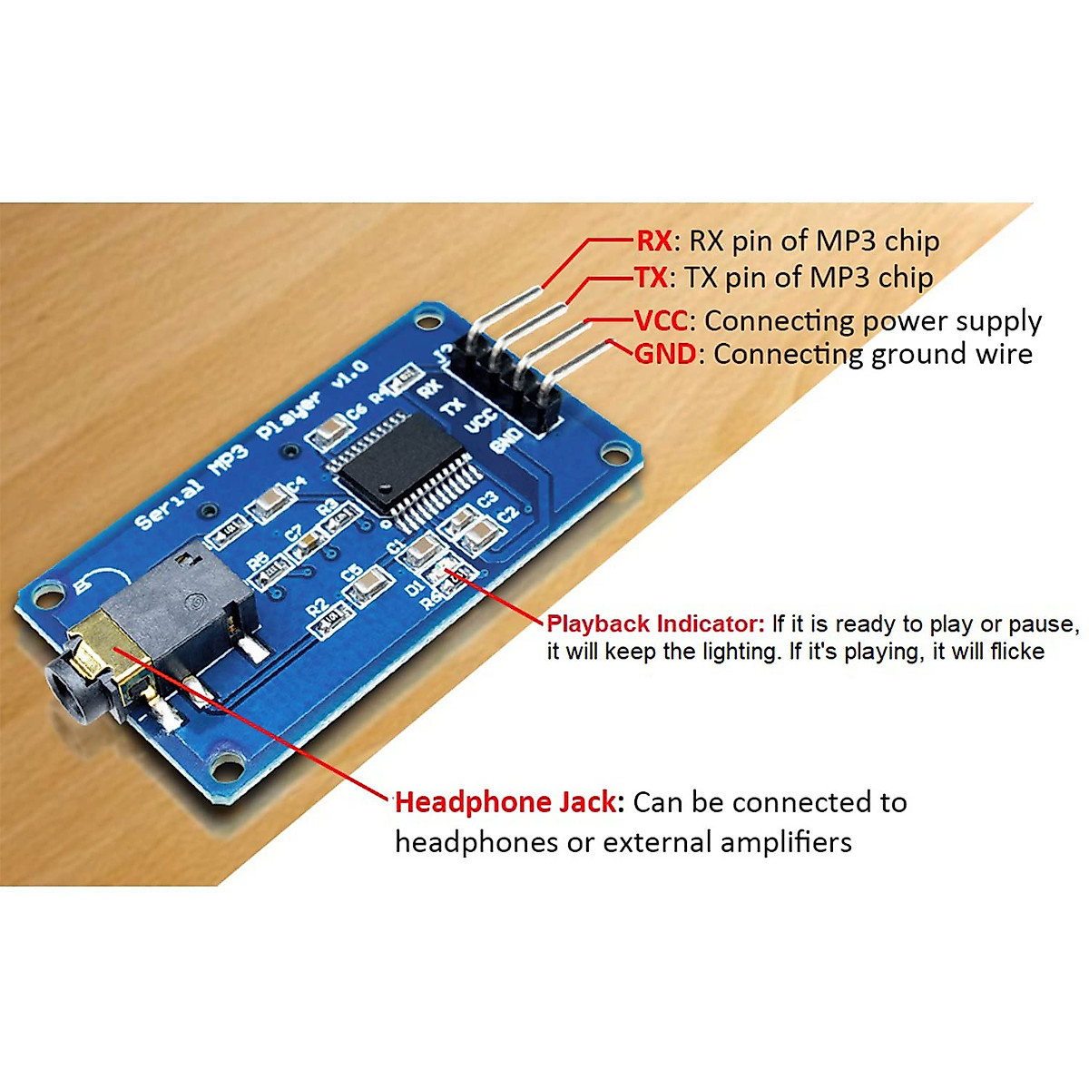 Aideepen YX5300 UART Control Serial MP3 Music Player Module Support MP3 / WAV Micro SD/SDHC Card/AVR/ARM/PIC