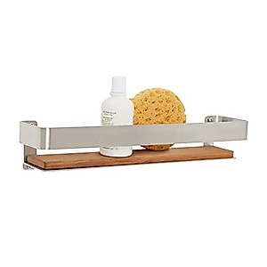 Seachrome Rectangular Shower Shelf with Rail in a Satin Finish and Natural Teak Wood Insert