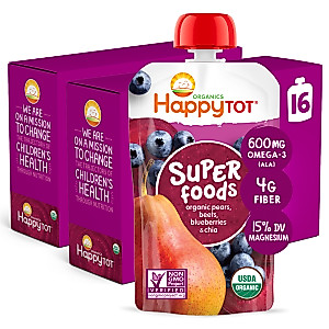 HAPPYTOT Organics Super Foods Stage 4, Pears, Blueberries & Beets + Super Chia, 4.22 Ounce Pouch (Pack of 16) packaging may vary