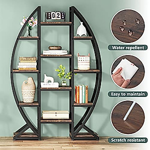 Bookshelf, Oval Triple Wide 5 Tiers Etagere Bookcases, Industrial Display Shelves for Living Room (Brown, 47")