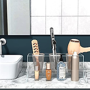 PecMuikee Hair Tool Organizer, Acrylic Hair Tool Caddy Countertop Blow Dryer Stand Storage with 3 Cups for Bathroom, Bedroom, Office, Clear