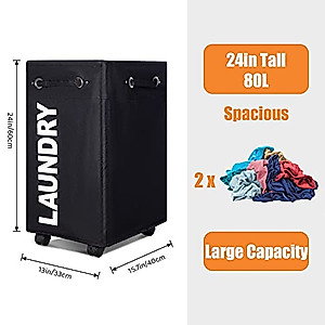 CAROEAS 23" Pro+ WHEELED Laundry Hamper Black&White Breathable Cover Heavy Duty Laundry Sorter Dirty Clothes Organizer Waterproof Foldable Laundry Basket Extra Large Laundry Bag (Pro Plus 23",Black)