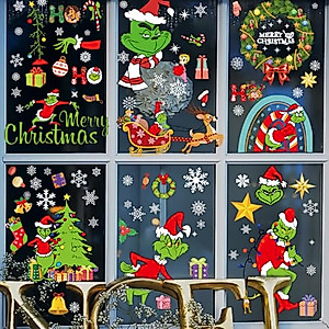 FAMYGFT Grinch Window Clings,Double Sided Elf Snowflake Merry Christmas Window Cling Glass Window Holiday Xmas Winter Window Sticker Decal Christmas Decor Glass Door Car Mirror Home Office Classroom