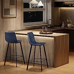 OUllUO Counter Bar Height Barstools with Back, 29 in PU Leather Bar Stools Set of 2, Upholstered Armless Tall Bar Stools for Kitchen Island, Cafe, Pub, Bistro, BS244, Navy Blue, 2Pcs