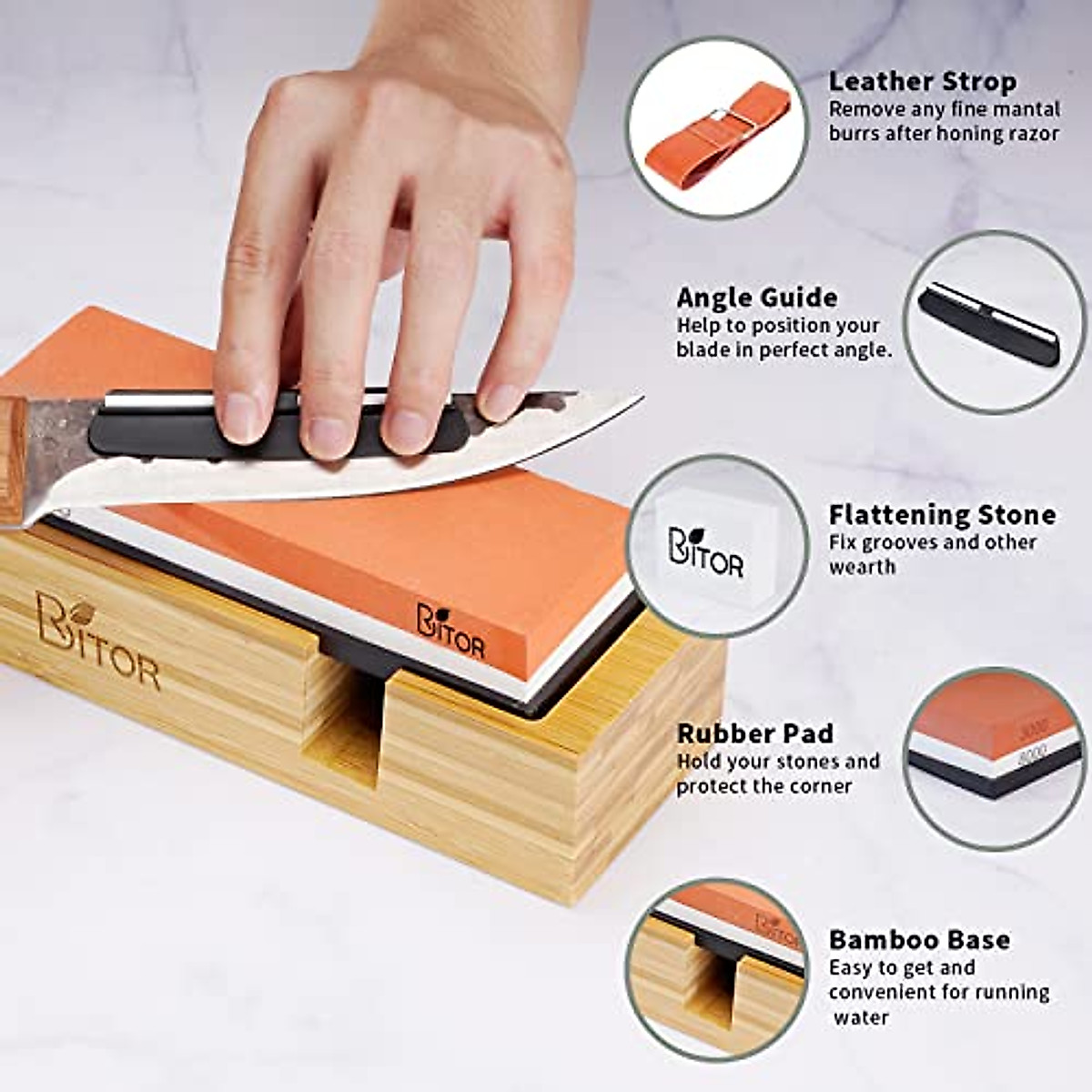 BRITOR Sharpening Stone Kit Whetstone knife sharpener 4 Side Grit 400/1000 3000/8000 Includes Non-Slip Rubber Holder Angle Guide Leather Strop and Gloves