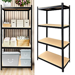 Height Adjustable 4-Shelf Shelving Unit Storage Rack Utility Rack Garage Shelves Display Rack Steel Boltless Rivet Rack, 64" H x 31" W x 16" D, Black