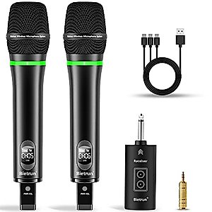 Bietrun Rechargeable Wireless Microphone, Dual Metal Cordless Handheld Dynamic Wireless Mics with 1/4'' Output for Karaoke, Meeting, Singing, Church, Wedding(UHF 240ft Range)(Receiver with Bluetooth)
