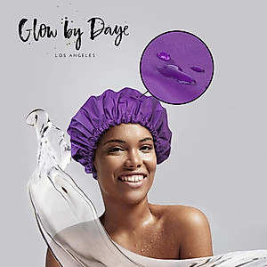 Glow by Daye Satin Lined Shower Cap, Adjustable and Waterproof with Satin Interior for Hair Protection, Large, Purple Rain