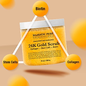 MAJESTIC PURE 24k Gold Scrub with Collagen and Biotin | Exfoliating Body Scrub for Skin Care, Stretch Marks, Acne, Cellulite | Body Scrub Exfoliator |10 oz