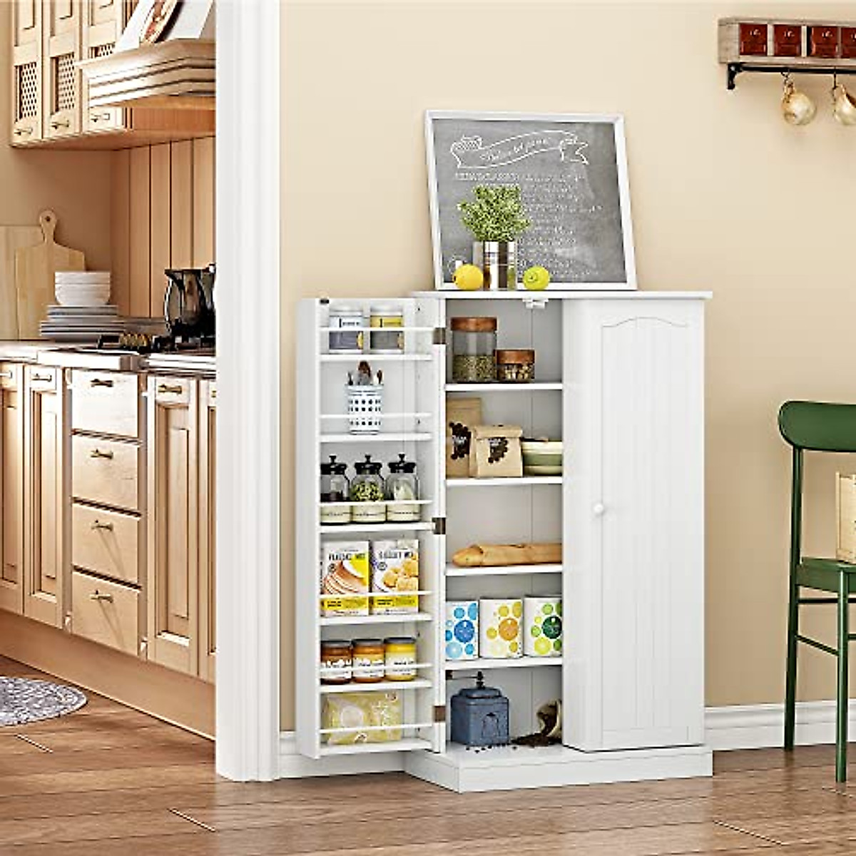 Yusong Kitchen Pantry Storage Cabinet Cupboard with Doors and 6 Adjustable Shelves for Small Space, Farmhouse Pantries Organization Cabinet for Dining Room, Living Room, White