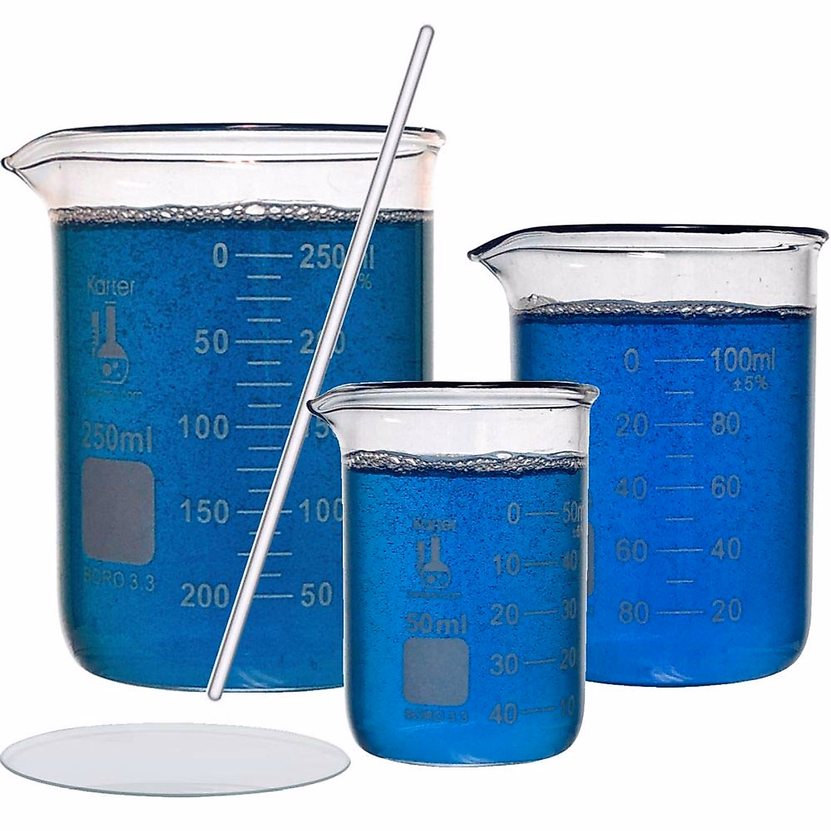 Glass Beaker Set with 5" Glass Stirring Rod and 70mm Watch Glass - 3 Sizes - 50ml, 100ml, 250ml Karter Scientific