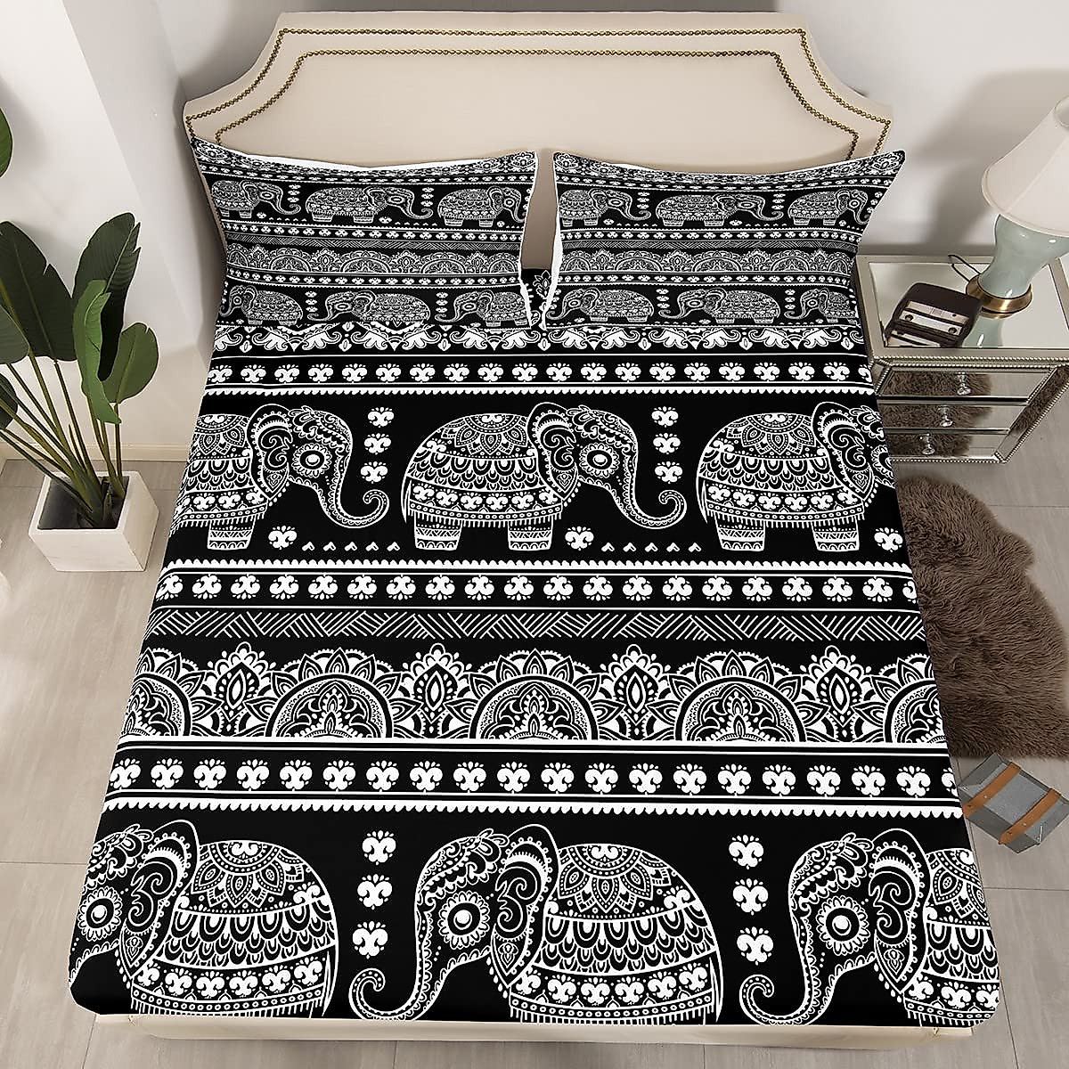 Elephant Fitted Sheet Full,Exotic Bohemian Black and White Bed Sheets Paisley Floral Bedding Sets for Kids Child,Ethnic Tribal Wildlife Bedding Decor Set Tribe Western Animals Boho Room Decor