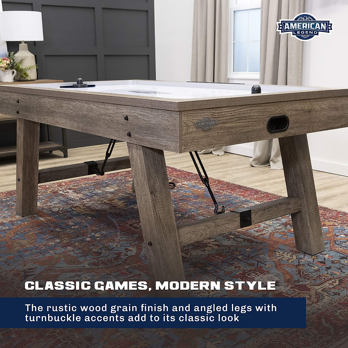 American Legend Brookdale Air-Powered Hockey Table with Rustic Wood Grain Finish, Angled Legs and Turnbuckle Accents Brown, 75.31"L x 38.98"W x 8.5"H