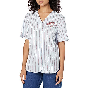 Tommy Hilfiger Women's Woven Baseball Button Up Striped Shirt, Sky Captain, Large