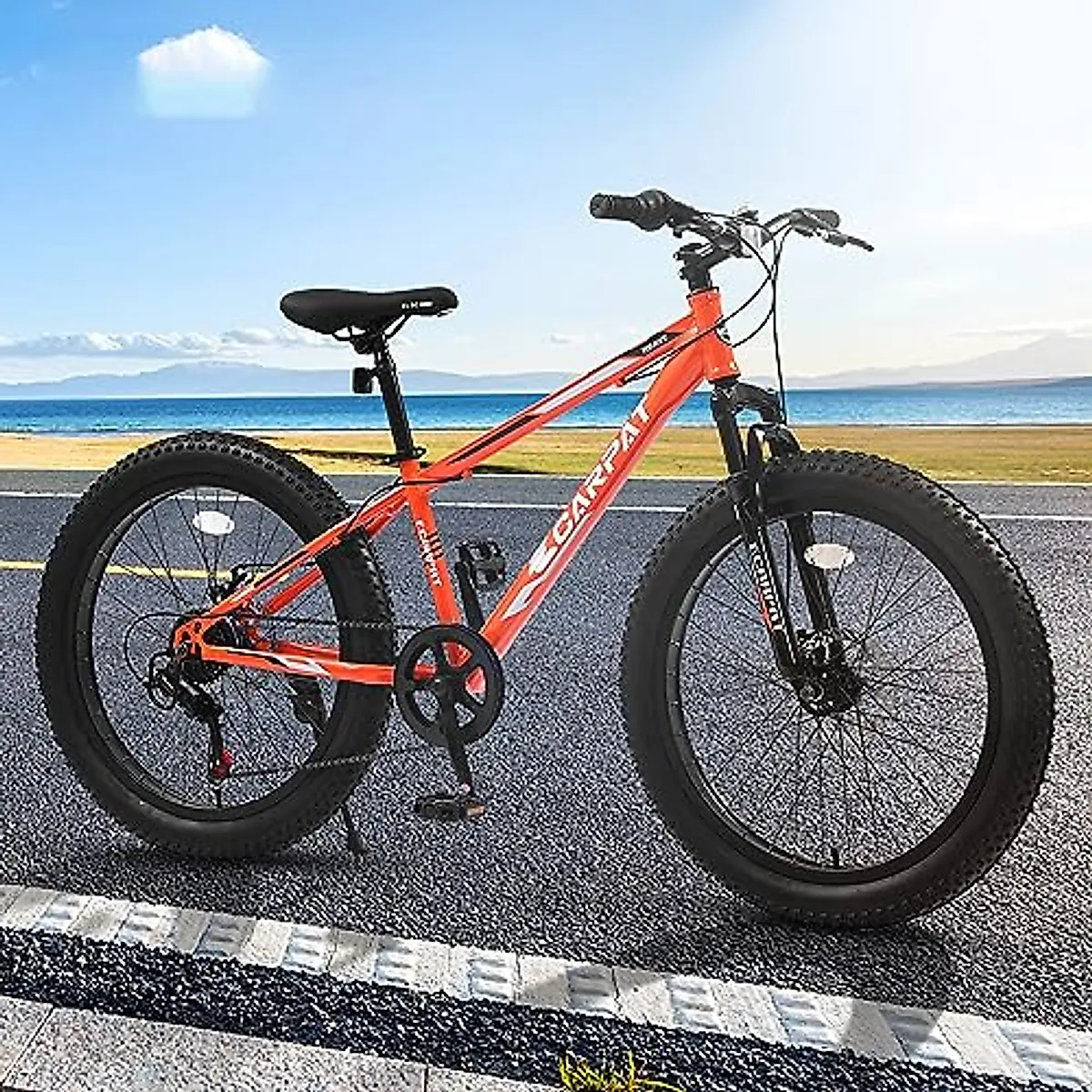 ZLECTIO Mountain Bike for Men and Women with 7 Speeds, 24 Inch Fat Tire Bikes with Front Suspension and High-Carbon Steel Frame, Orange Adult/Teenanger Road Bicycle for Outdoor Camping Riding