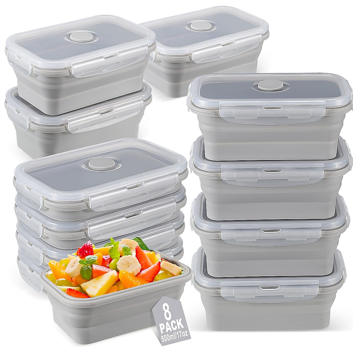 Mifoci Set of 8 Silicone Collapsible Food Storage Containers 17 oz Collapsible Meal Prep Container Square Bowl with Vent Lids, Microwave, Freezer and Dishwasher Safe(Gray)