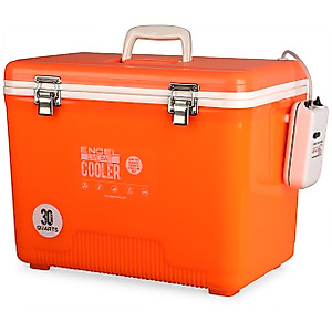 Engel 30qt Live Bait Cooler Box with 2nd Gen 2-Speed Aerator Pump - Portable Fishing Station & Minnow Bucket for Shrimp & Other Live Fish with Aerator - ENGLBC30-N in Orange High-Visibility