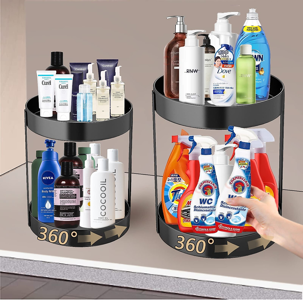 trlry 2 Pack Under Sink Organizer And Storage,2 Tier Under Bathroom Sink Organizers and Storage,Kitchen Sink Organizer,Lazy Susan Turntable for Cabinet,Turntable Organizer,Under Cabinet Storage