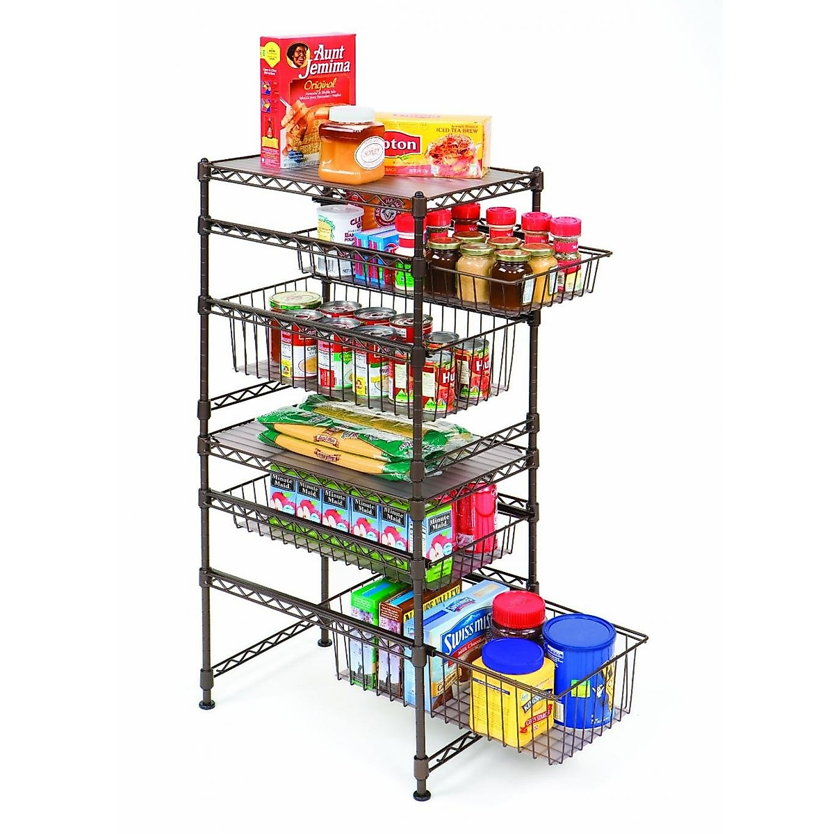 Seville Classics Stackable 3-Tier Sliding Double Basket Cabinet Organizer with Bonus Liners, 11.5" W x 17.5" D x 18.5" H, Satin Bronze