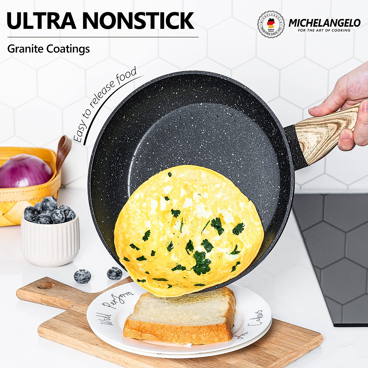 MICHELANGELO Granite Pots and Pans Set Nonstick, 13 Piece Kitchen Cookware Sets with Ultra Nonstick Coatings, Non Toxic Cookware Set with Spatula, Spoon, Pasta Spoon and 2 Cotton Gloves