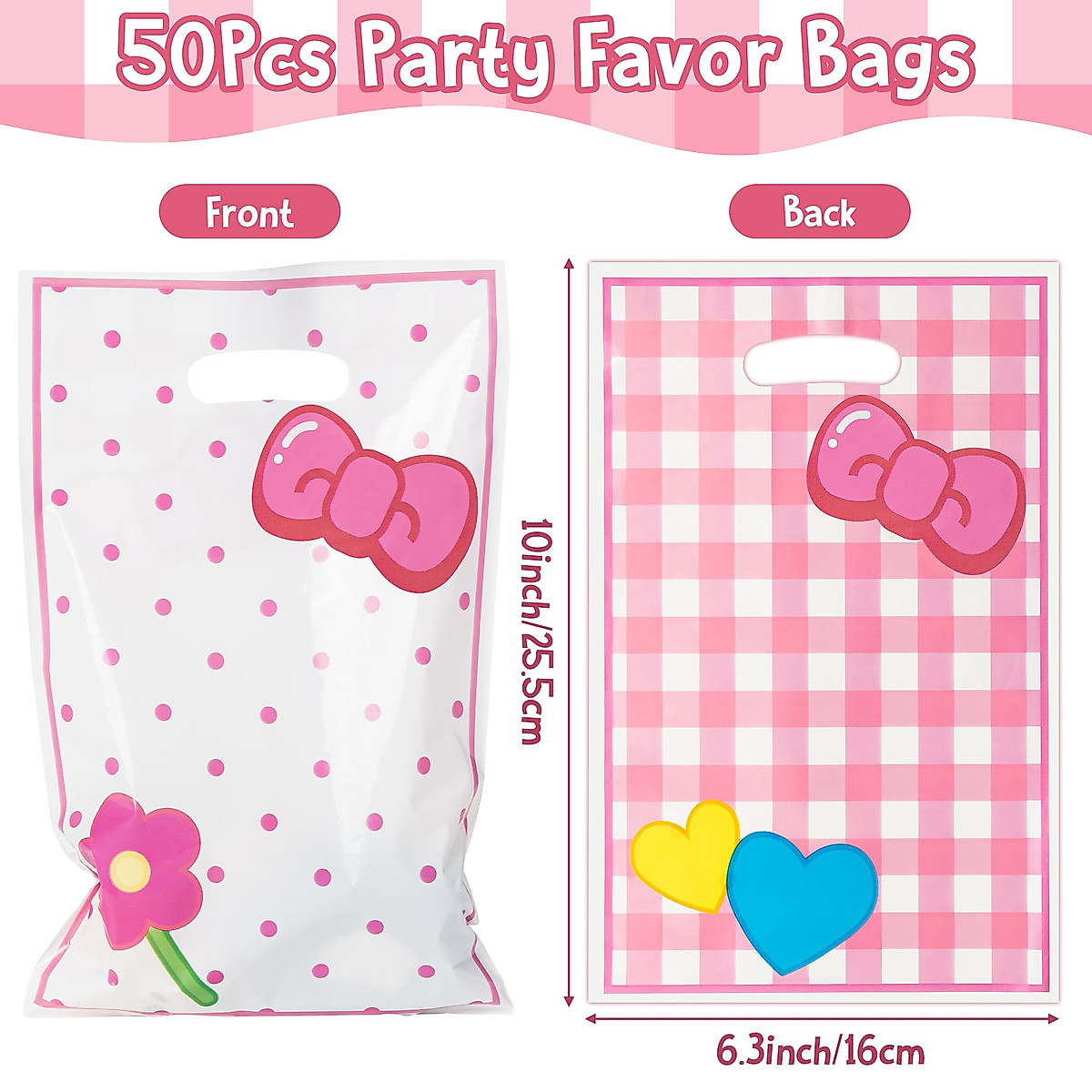 50Pcs Cute Cartoon Pink Cat Party Favor Bag Candy Treat Bags Print Bow Tie Flower Patterns with Handles Plastic Snack Gifts Bags for Boys Girls Kids Birthday Baby Shower Holiday Party Favor Supplies