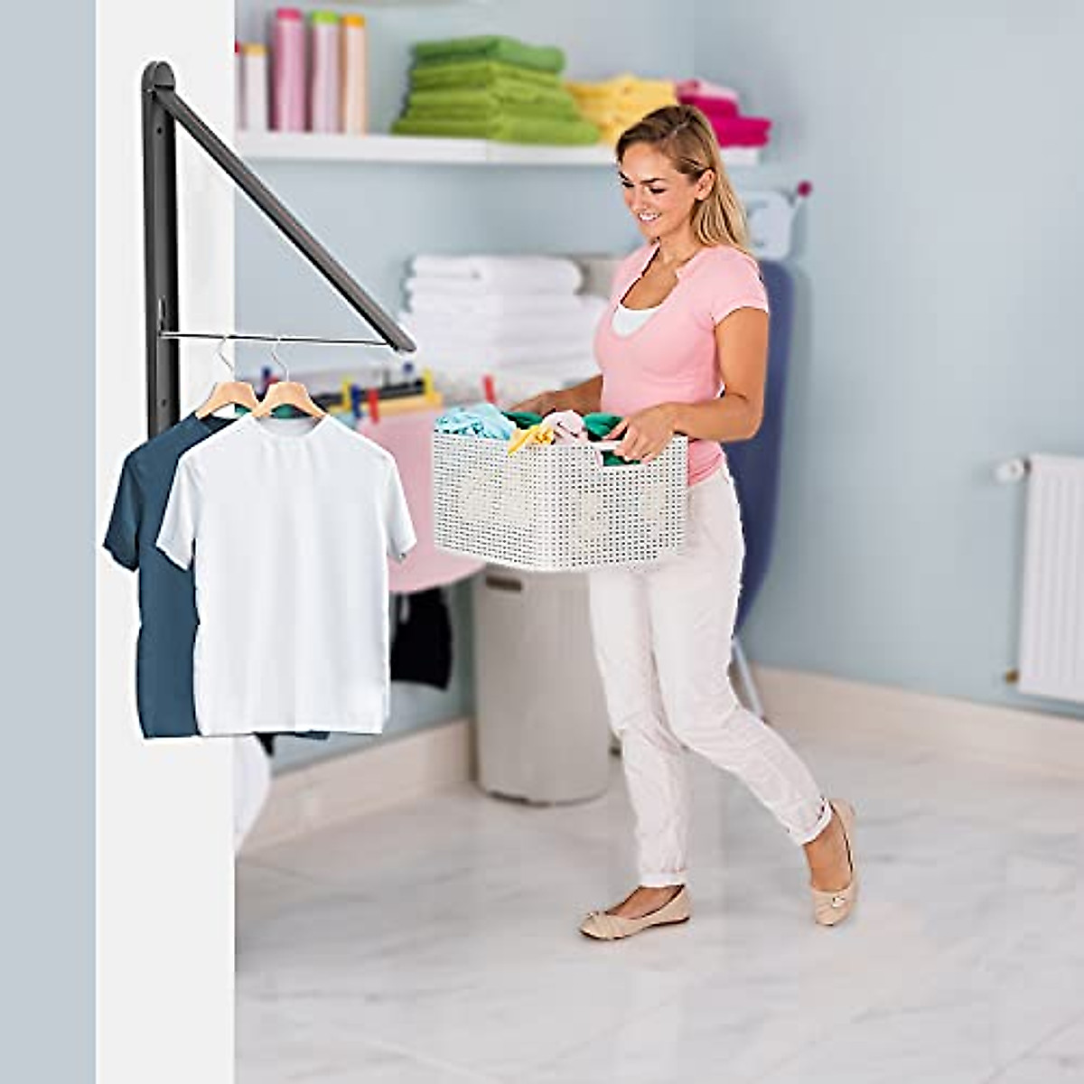 SunEegral Quality Clothes Drying Rack Wall Mounted,Laundry Room Folding Organization Storage,Foldable Hanging Drying Rod Ultrathin Small Collapsible for Space Saving,65Ibs Capacity,Aluminum(Black)