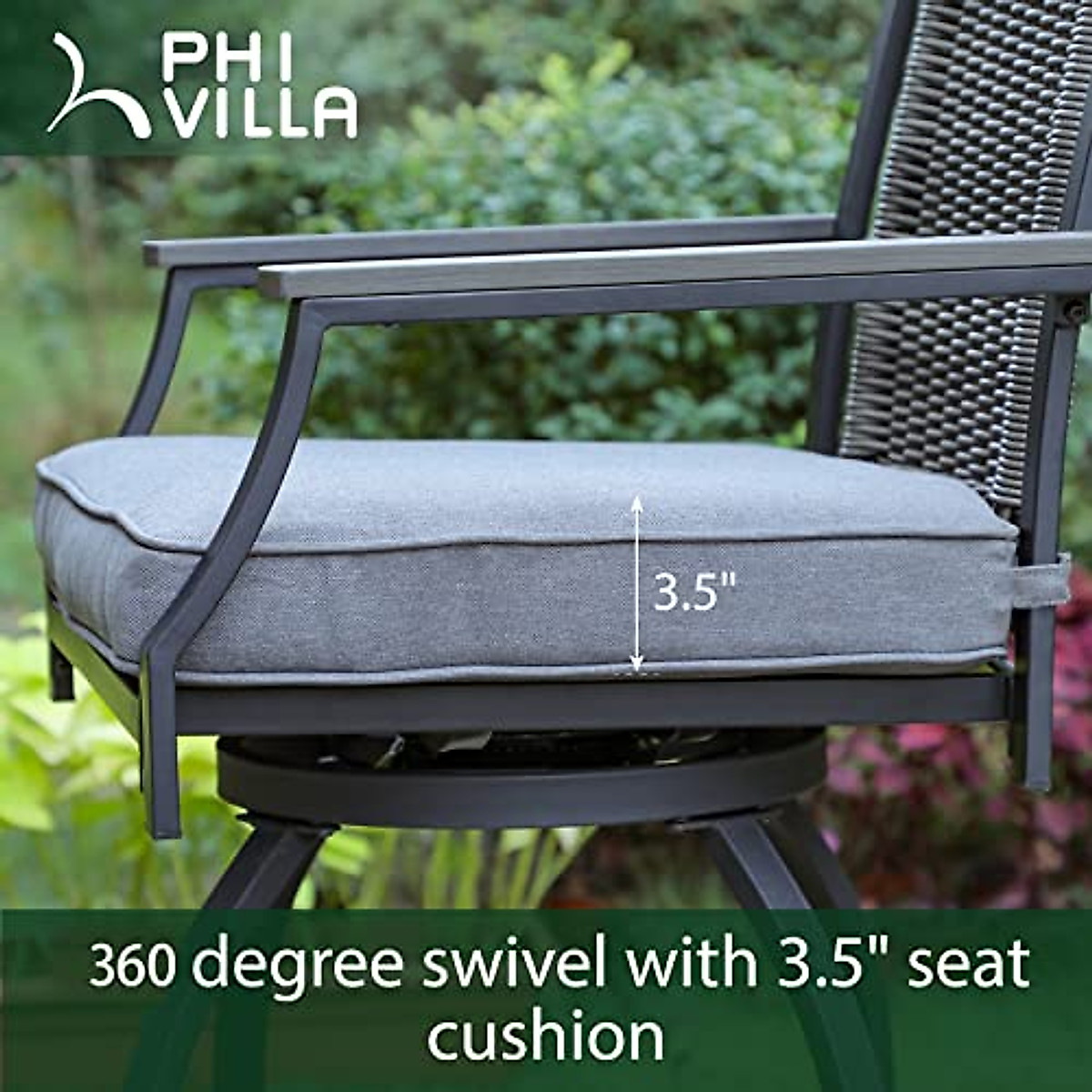 PHI VILLA Outdoor Swivel Bar Stools with Rattan Backrest and Wood-Like Armrest Set of 2, Bar Height Patio Chair with 3.5" Padded Grey Cushion,All Weather for Garden,Yard,Lawn