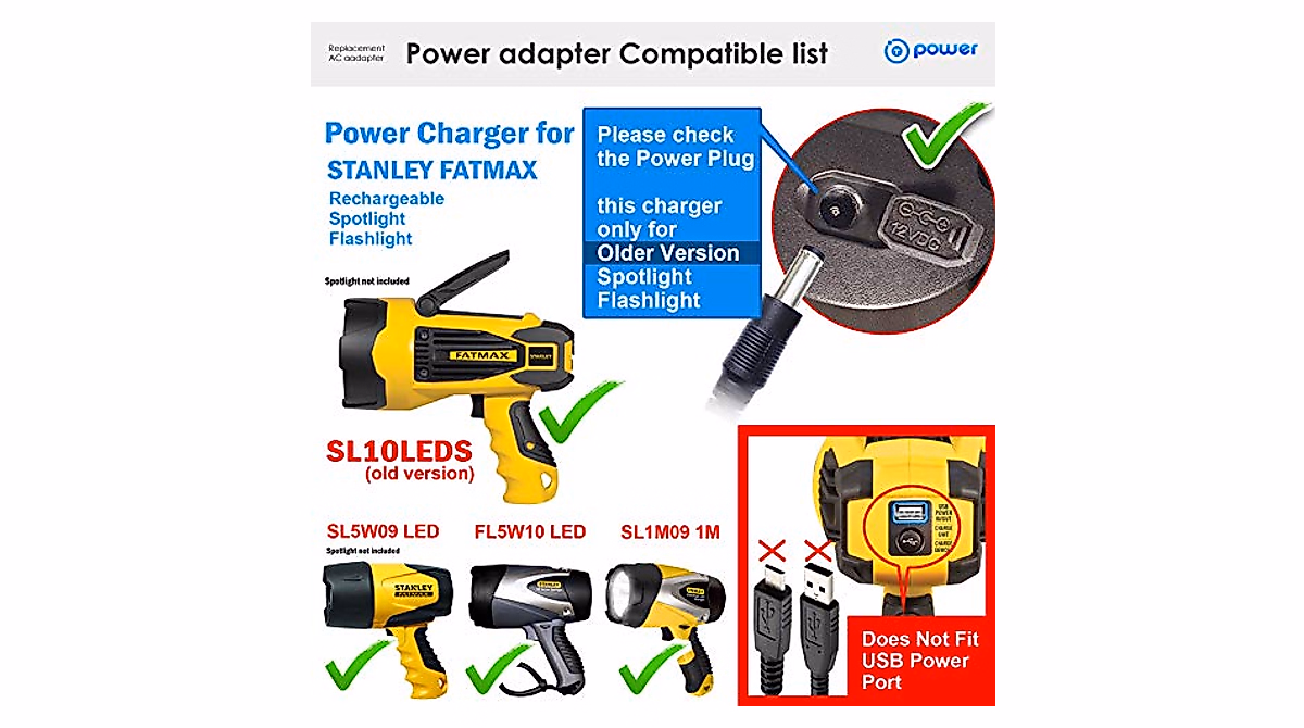 T-Power 12V AC Adapter for Stanley Spotlights