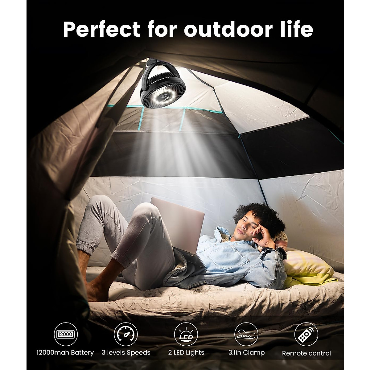 Korbot 8-inch Clip on Fan - 12000mAh Portable Fan Battery Rechargeable with 3 Speeds and Strong Airflow, USB Fan Small Desk Fan Personal Quiet Fan for Office Stroller Bedroom and Camping.