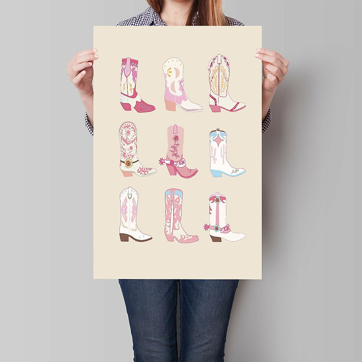 mifyuibytr Cowgirl Boots Print Poster, Pink Western Coastal Cowgirl Boot Aesthetic Canvas Wall Art, Preppy Cowgirl Room Decor 12x16in Unframed