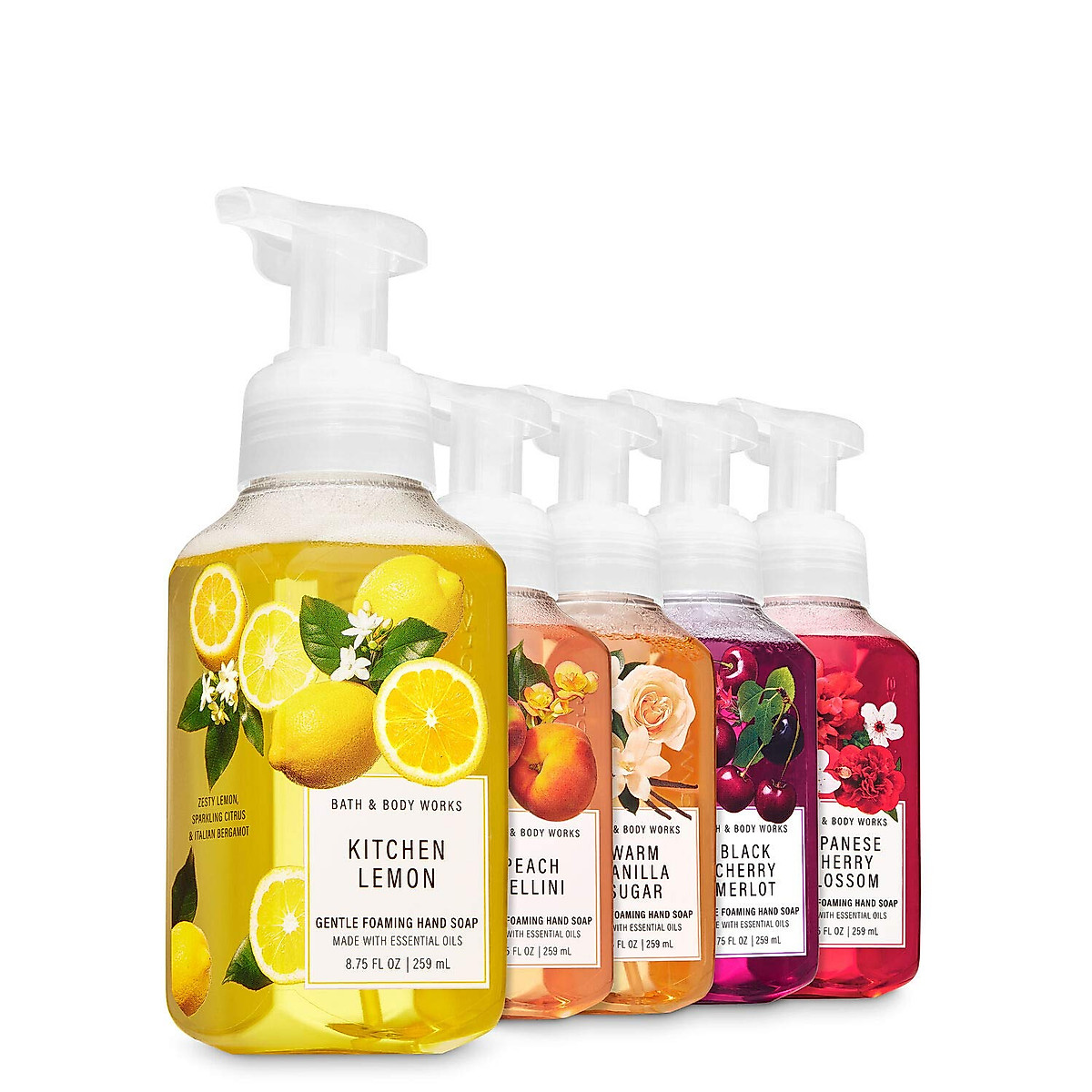 Bath and Body Works Fall Loves 2020 - Set of 5 Foaming Hand Soaps - Kitchen Lemon, Peach Bellini, Warm Vanilla Sugar, Black Cherry Merlot, Japanese Cherry Blossom…