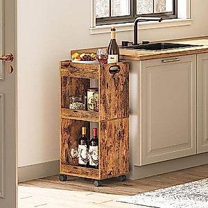 MAHANCRIS 3-Tier Rolling Serving Bar Cart, Industrial Bar Cart for The Home, Beverage Cart with Storage Shelves, Utility Storage Cart with Wheels, for Kitchen Dinning Room, Bar, Rustic Brown RCHR8101