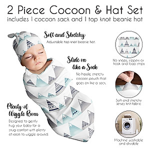 Sweet Jojo Designs Mountains Baby Boy or Girl Cocoon and Beanie Hat 2pc Set Jersey Stretch Knit Sleeping Bag for Infant Newborn Nursery Sleep Wrap Sack - Navy Blue, Aqua and Grey Watercolor Aztec