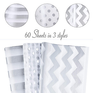 MIAHART 60 Pcs Silver White Tissue Paper Bulk 3 Style Decorative Metallic Wrapping Paper for Birthday Weddings Christmas Party Decoration, DIY Arts Crafts