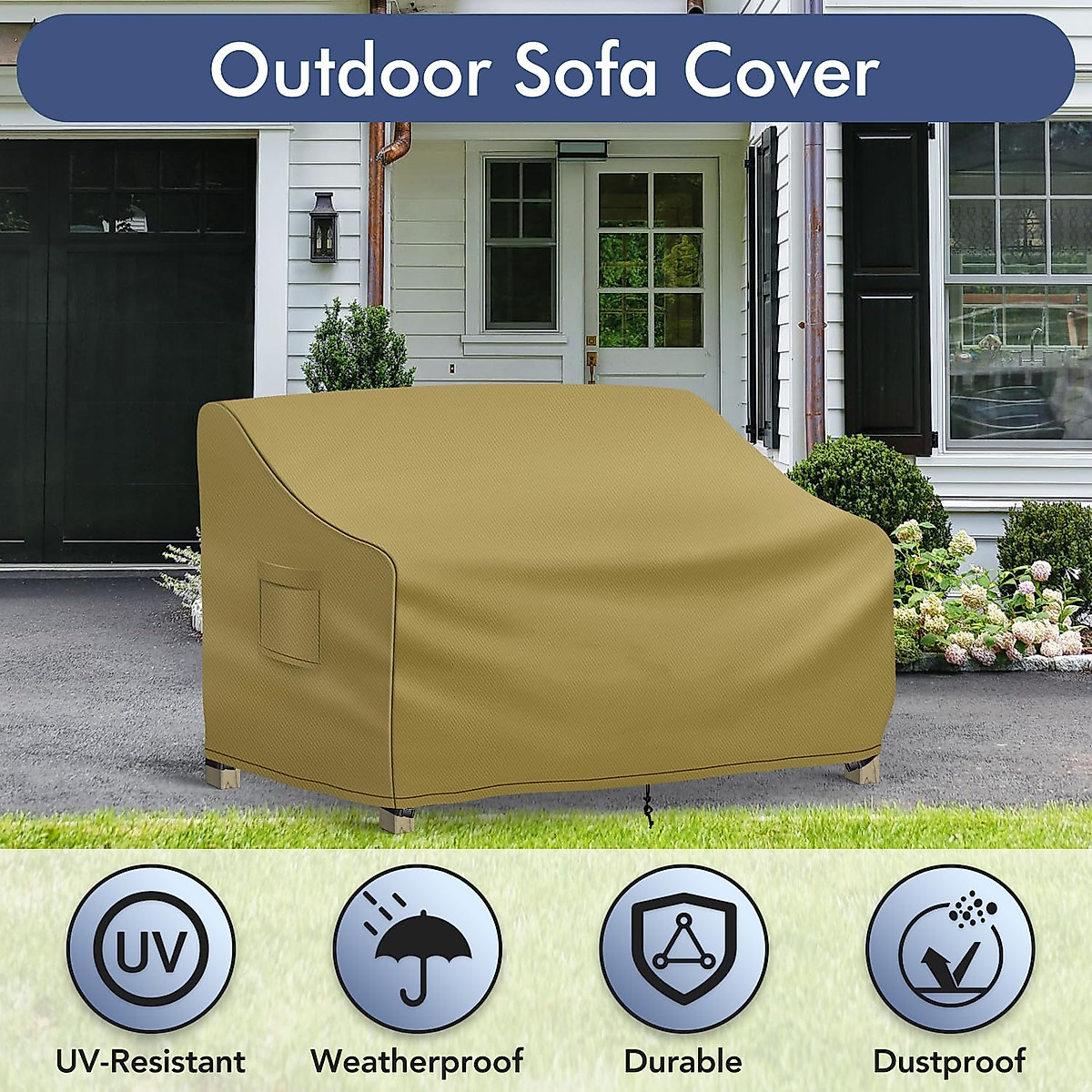 Richwon Patio Loveseat Cover Waterproof, 2-Seater Outdoor loveseat Cover, Patio Furniture Covers with Air Vent and Handles, 60W x 34D x 30H Inches, Khaki