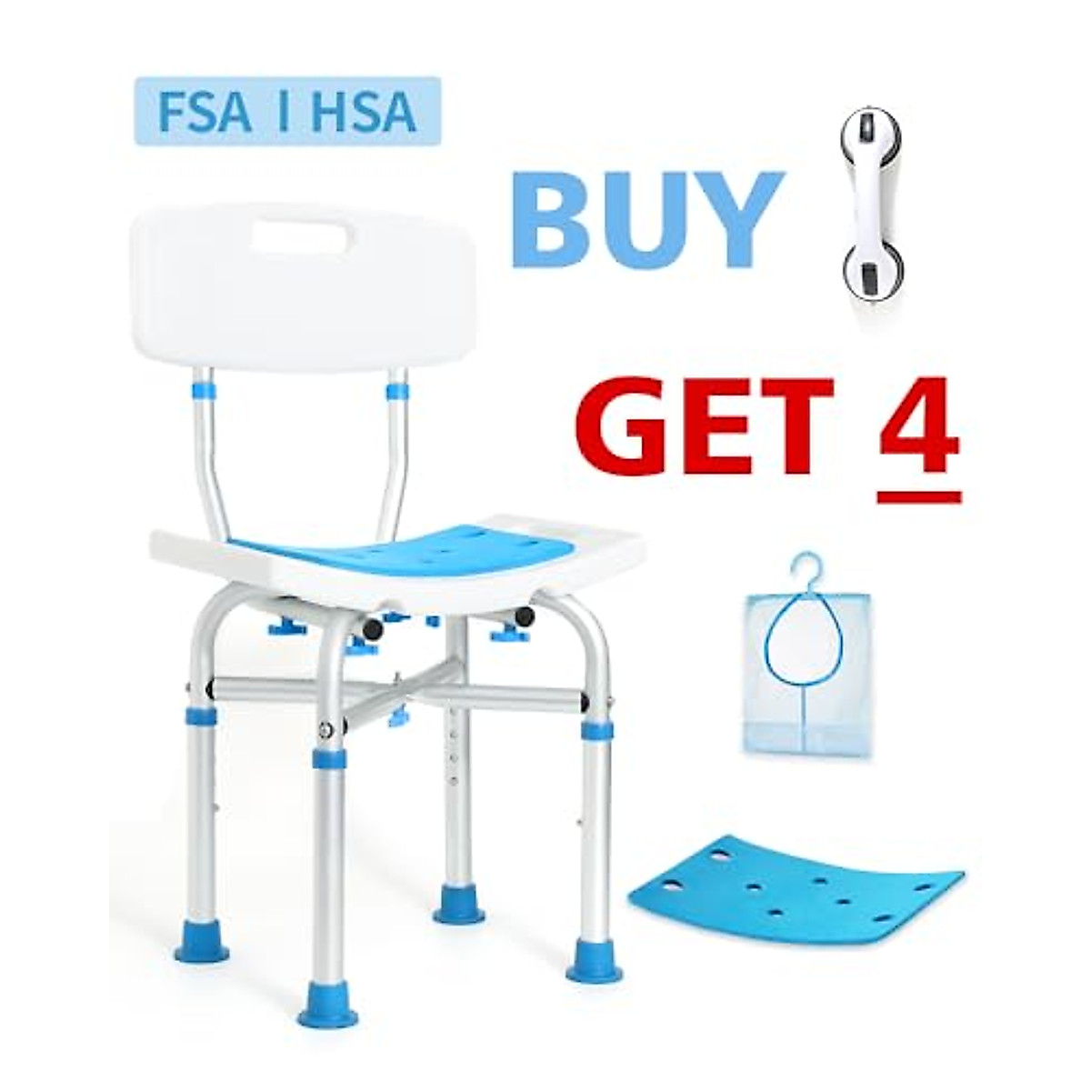 FSA HSA Heavy Shower Chair for Inside Shower with Back, Padded Shower Chair for Inside Bathtub with Grab Bar, Adjustable Shower Stool for Inside Shower for Senior/Elderly/Pregnant by SOUHEILO