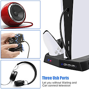 PS5 Controller Charger Vertical Charging Stand for Playstation 5, Dual Cooling Fan Charging Station Dock with 3 USB Ports for Dual Controllers ( Indicator Included)