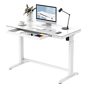 FLEXISPOT Electric Glass Standing Desk with Drawer Desktop & Adjustable Frame Quick Install w/USB Charge Ports, Child Lock (White, Glass)