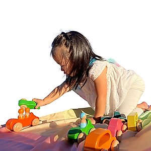 Avery & Ruth Waldorf Toys Rainbow Car Set - 70” x 35” Silk Scarf for kids to play- 7 Handmade Wooden Car - 3 Peg Dolls - Montessori Rainbow Toy - 100% Silk
