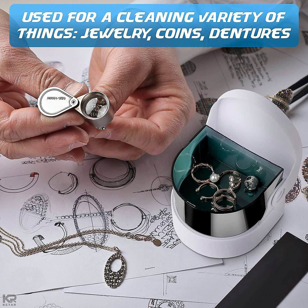 Sonic Cordless Denture Cleaner for Jewellery Ring, Necklace, Coins & Dentures - Portable Battery Vibrating Machine for Professional or Personal Use