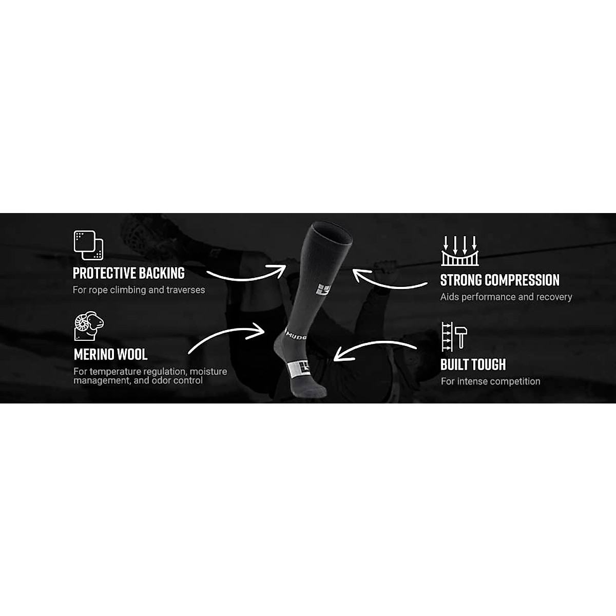 MudGear Merino Wool Long Compression Socks - Wool Compression Socks for Mountain Biking And Cycling, Gym, Running, Cycling, Hiking,Work - Cushioned Athletic Socks (Black/Gray,Large)