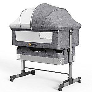 Uenjoy Baby Bassinet, Bedside Sleeper,Foldable Baby Bed to Bed, Adjustable Portable Bed for Infant/Baby/Newborn,with Mosquito Nets, Large Storage Bag, Comfortable Mattresses, Lockable Wheels,Gray