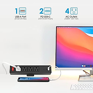 VILONG Black Desktop Edge Power Strip,Removable Clamp Power Outlet Socket 4AC Outlets,1 QC3.0 18W USB-A Ports,2 20W PD Fast Charging USB-C Port,6.5 ft Extension Cord with Switch