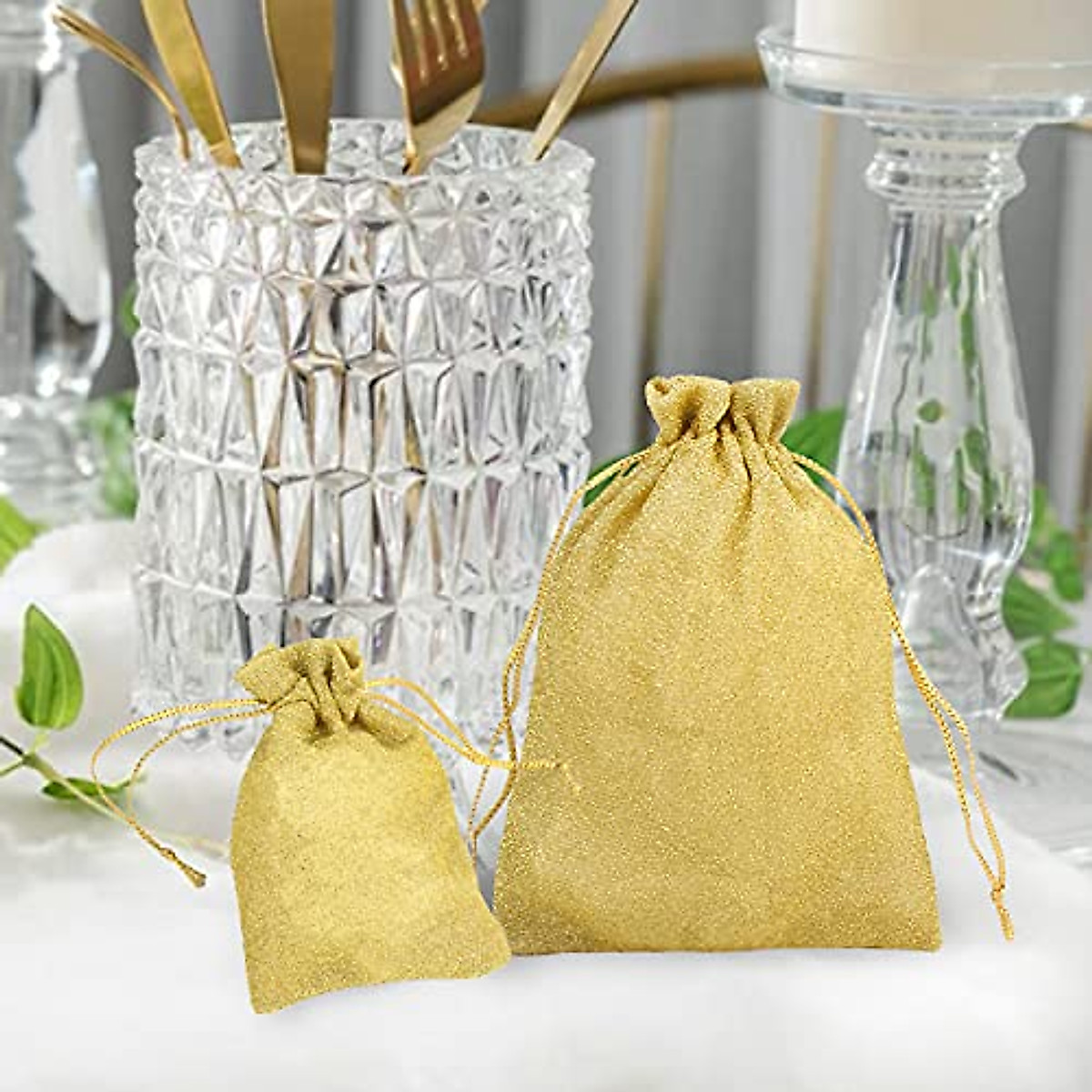 KIMOBER 16pcs Gold Gift Bags with Double Drawstrings,Glittery Jewelry Pouches Drawstring Bags for Christmas Wedding Party